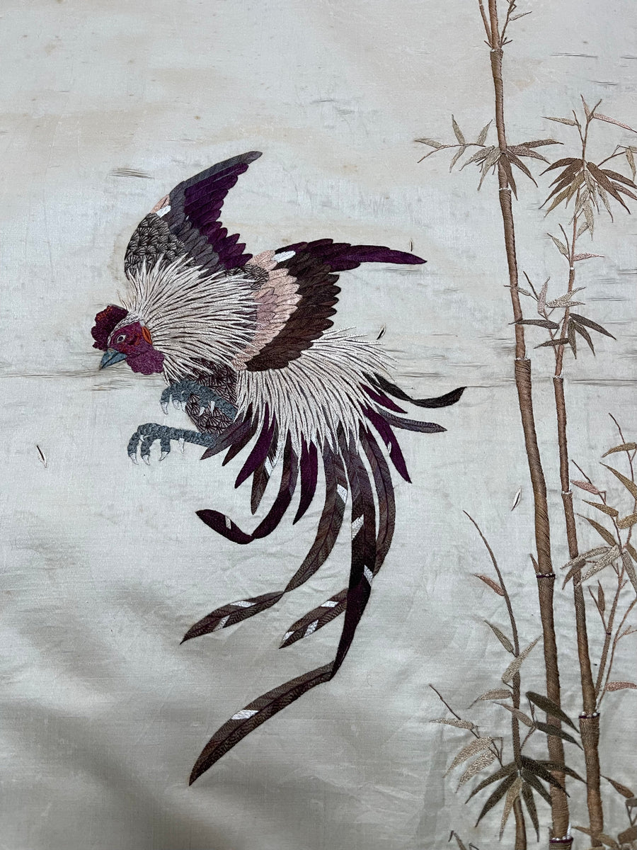 Fine Antique Silk Embroidered Wall Hanging with Cockerels: C19th China ...