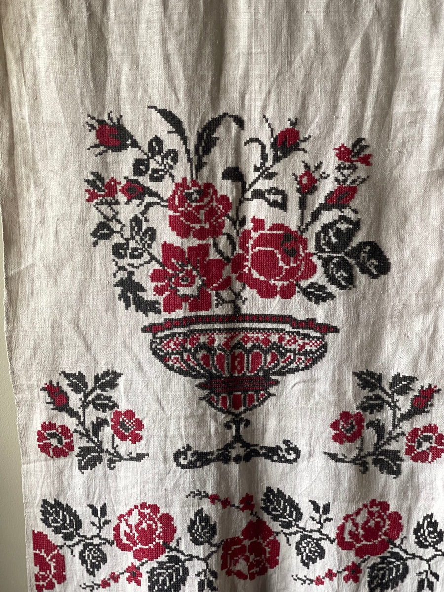 Antique Traditional Hand Embroidered Folk Art Curtain Panels with Urns ...