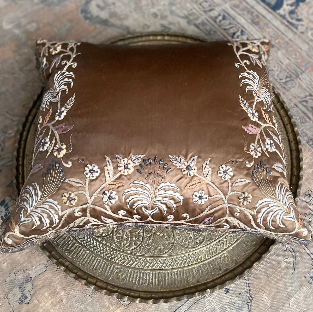 Bespoke Handmade Antique Silk and Gilt Embroidered Cushion Large Size ...