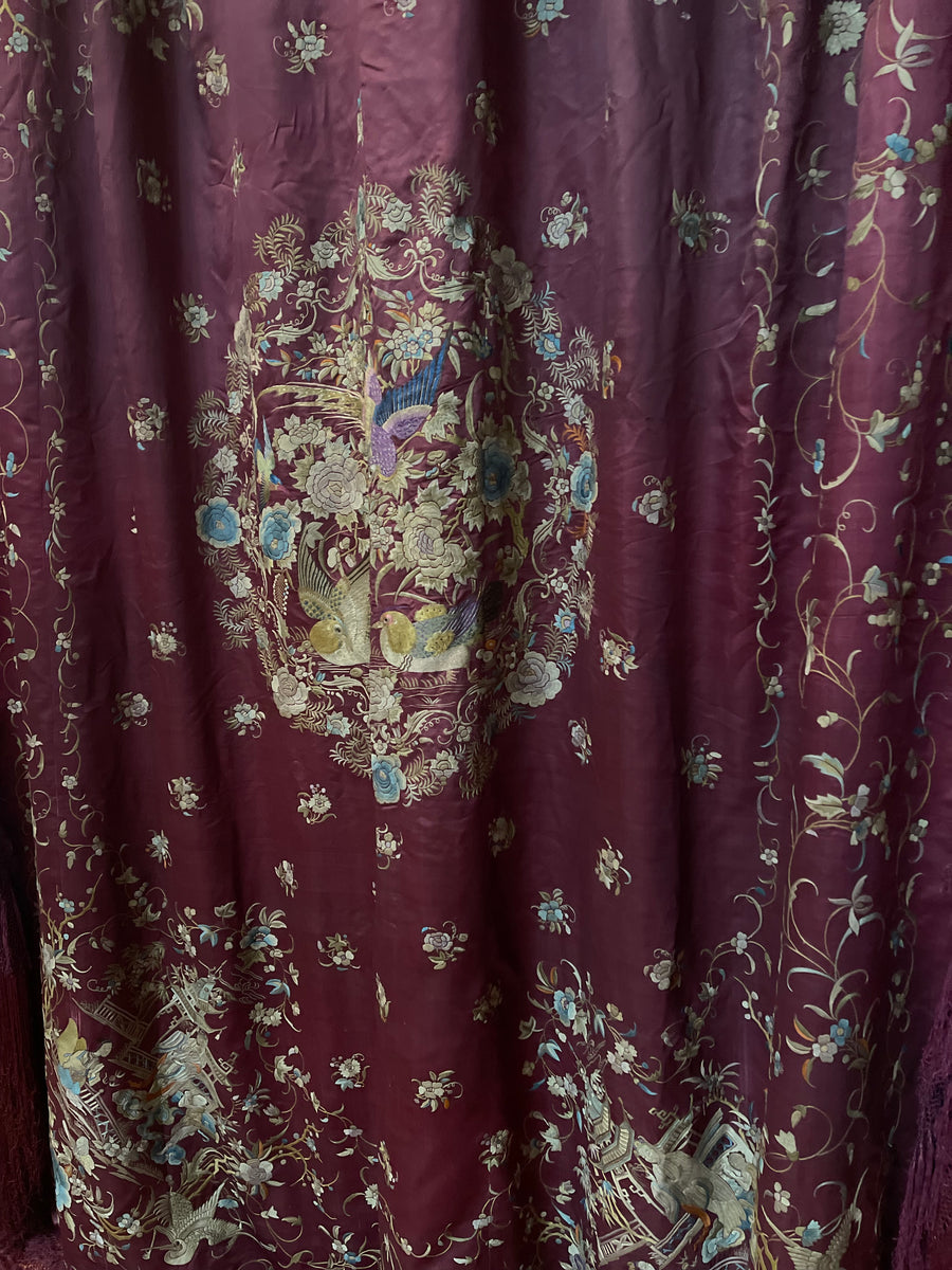 Antique Silk Embroidered Wallhanging with Birds and Mythological Figur ...