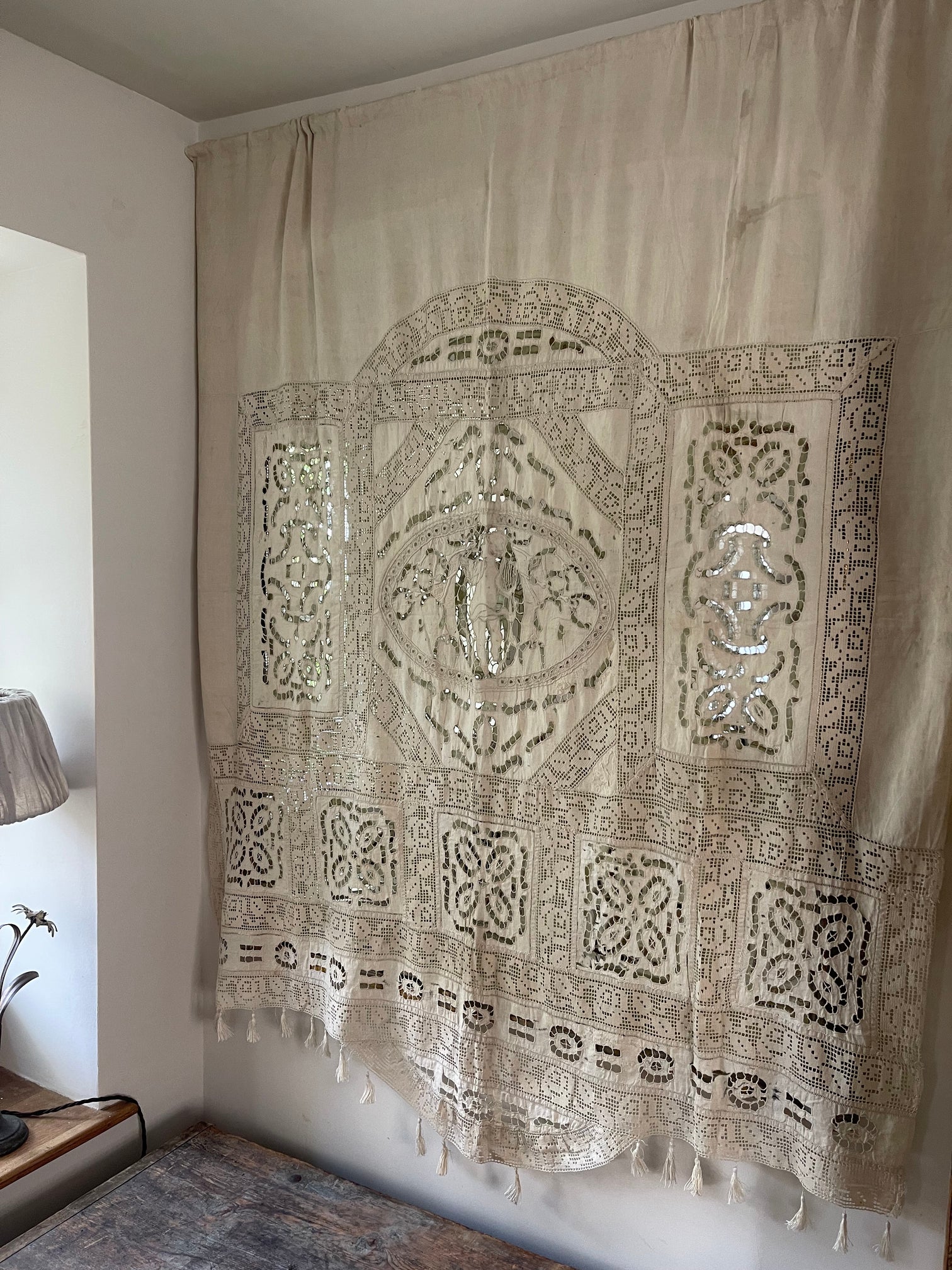 Antique Cutwork Embroidered Lace Wallhanging Curtain: C19th France ...