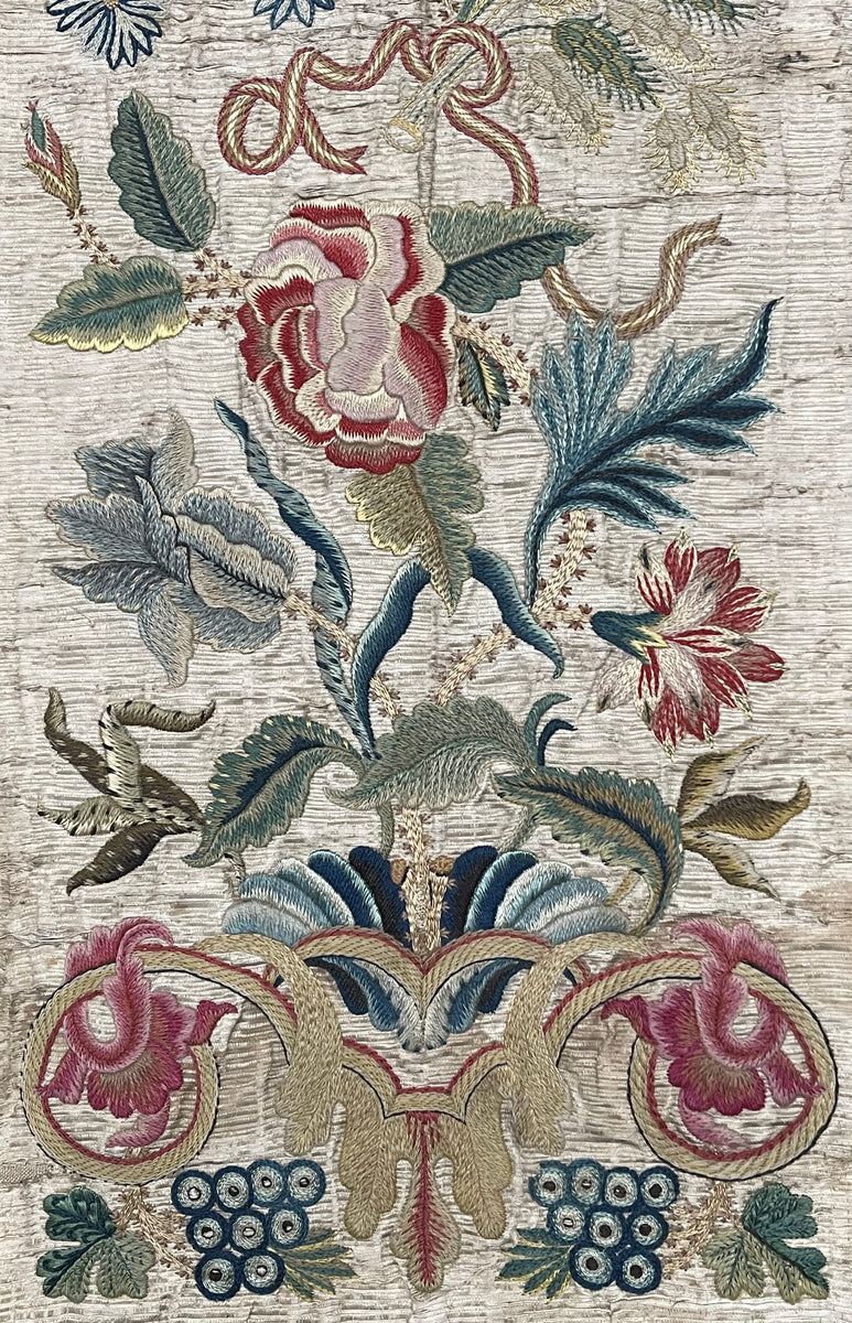 Antique Fine Silk and Wool Embroidered panel with Bouquet of Flowers ...