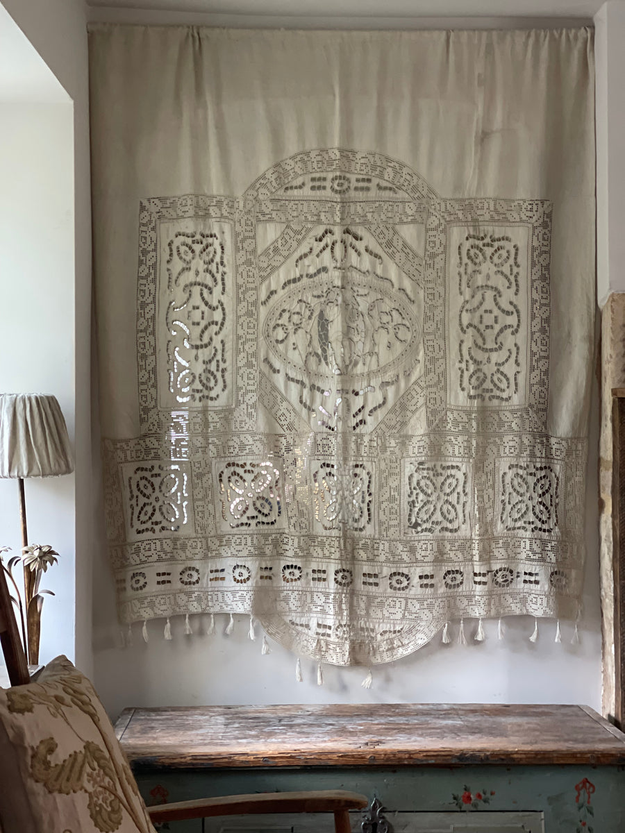 Antique Cutwork Embroidered Lace Wallhanging Curtain: C19th France ...