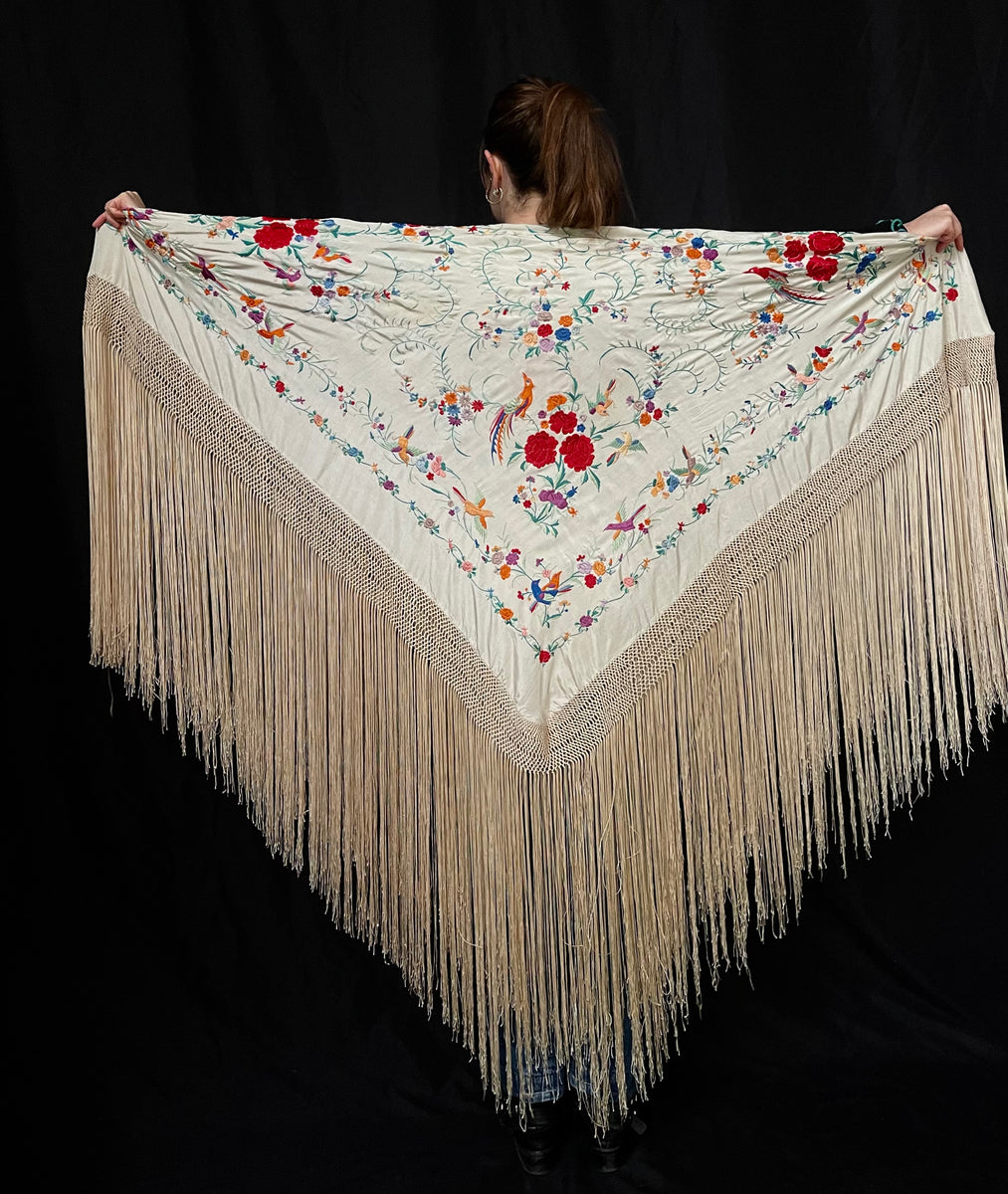 Antique Silk Embroidered Piano Shawl with Birds and Florals: C1920 Can ...