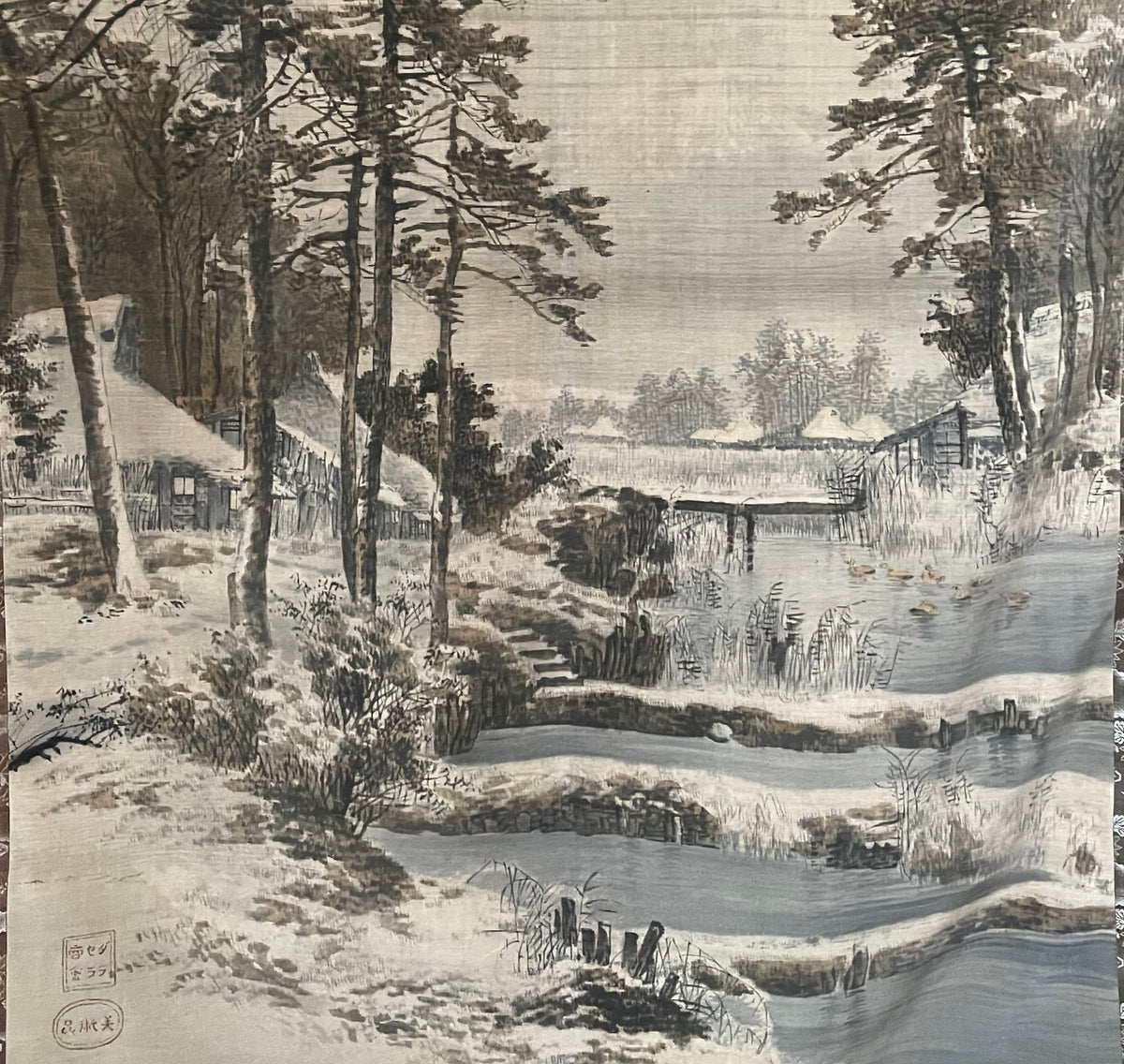 Hand Painted Silk and Velvet with Winter Water Landscape : C1900 Meiji ...