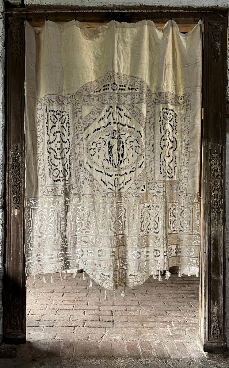 Antique Cutwork Embroidered Lace Wallhanging Curtain: C19th France ...