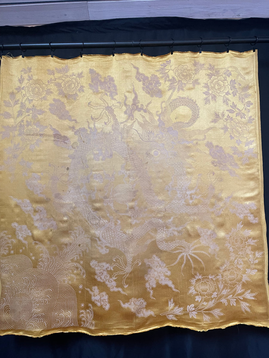 Silk Brocaded Panel with Five Claw Dragon & Symbolic imagery: C1900 Ja ...
