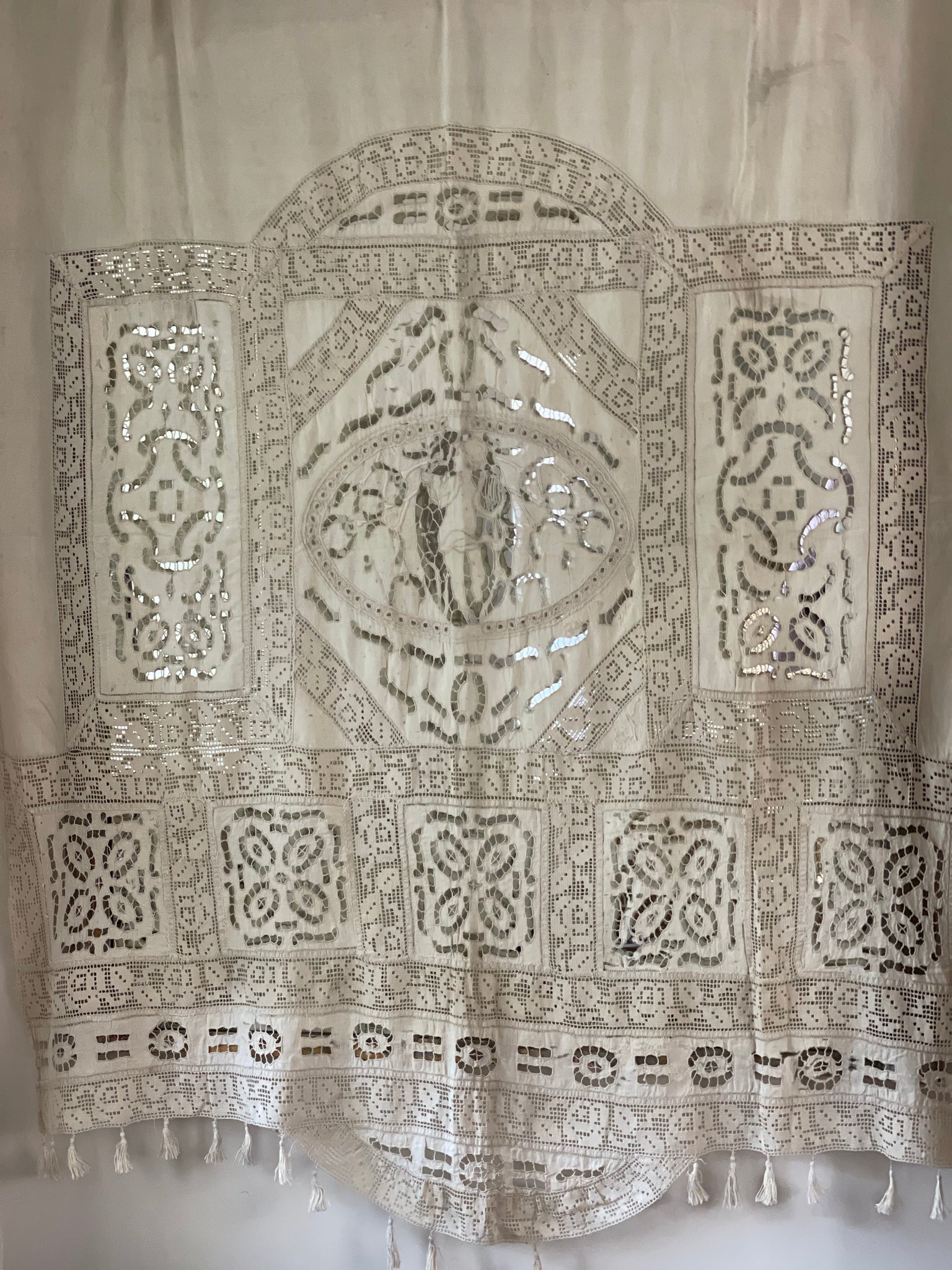Antique Cutwork Embroidered Lace Wallhanging Curtain: C19th France ...