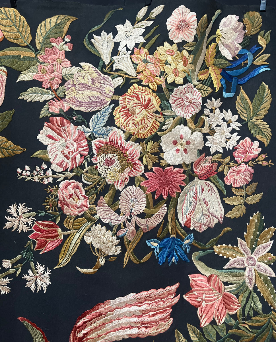 Antique Wall Hanging with Very Fine Silk Floral Embroidery: C19th Cont ...