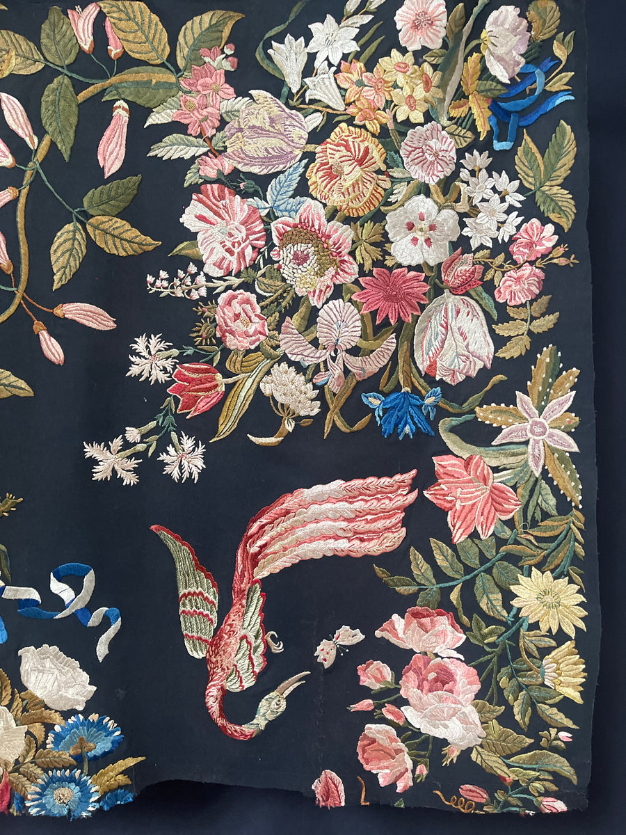 Antique Wall Hanging with Very Fine Silk Floral Embroidery: C19th Cont ...