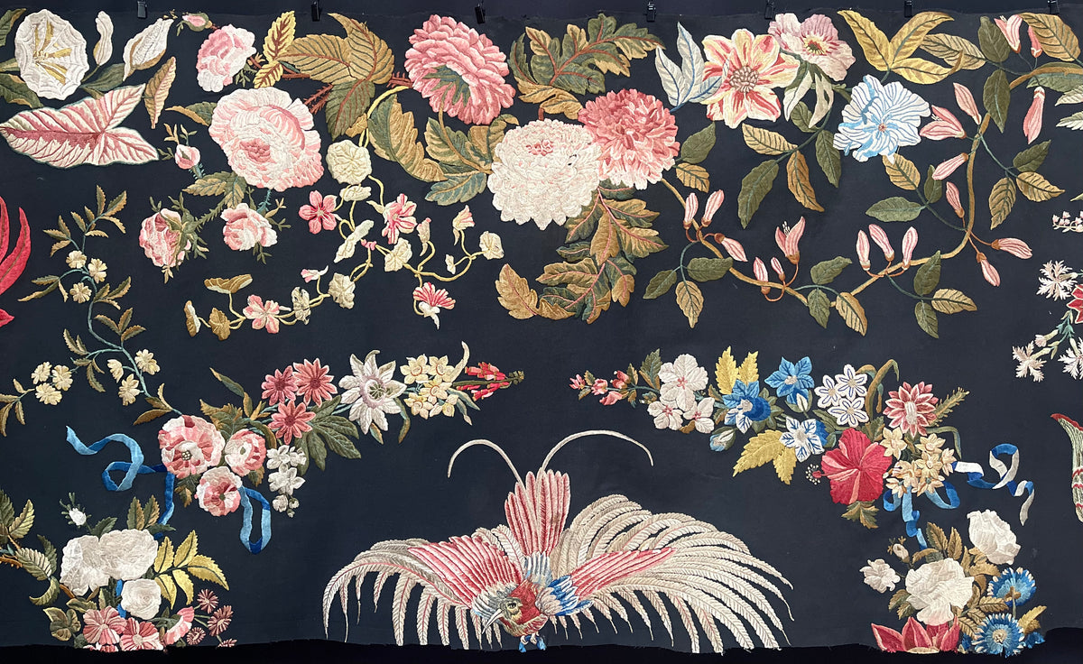 Antique Wall Hanging with Very Fine Silk Floral Embroidery: C19th Cont ...