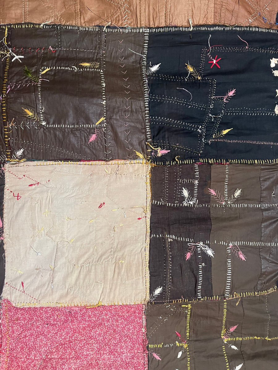 Antique Handmade Folk Art Silk & Velvet Embroidered Crazy Patchwork Qu ...