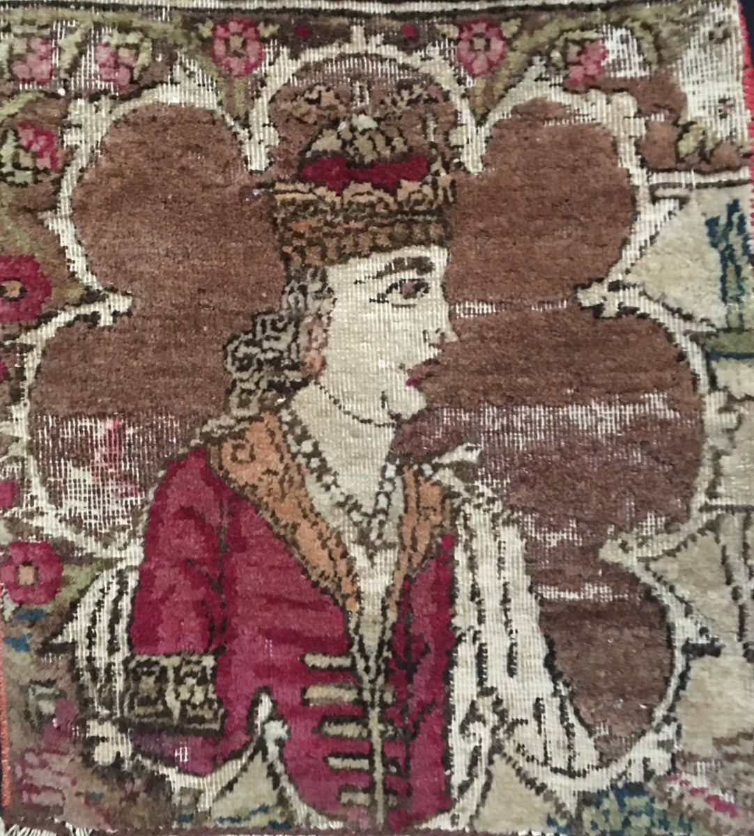 Antique Pictorial Portrait Carpet Fragment: 19th century, Kirman ...
